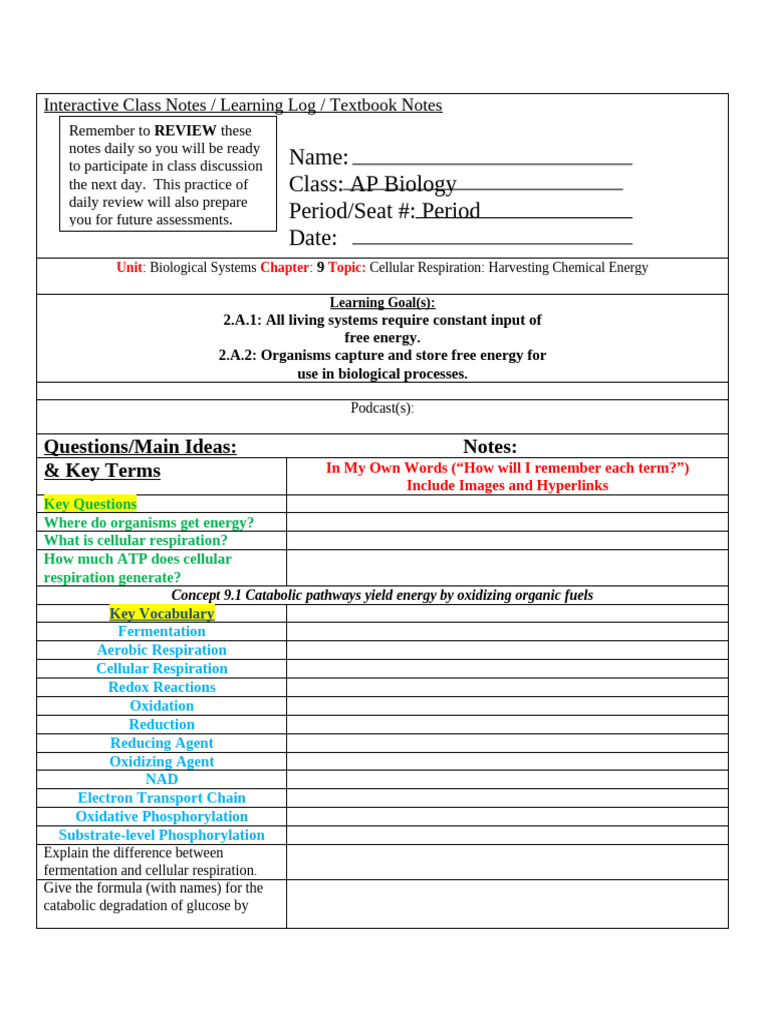 Ap Biology Interactive Cornell Notes 9.1-9.6 Updated | PDF | Cellular ...