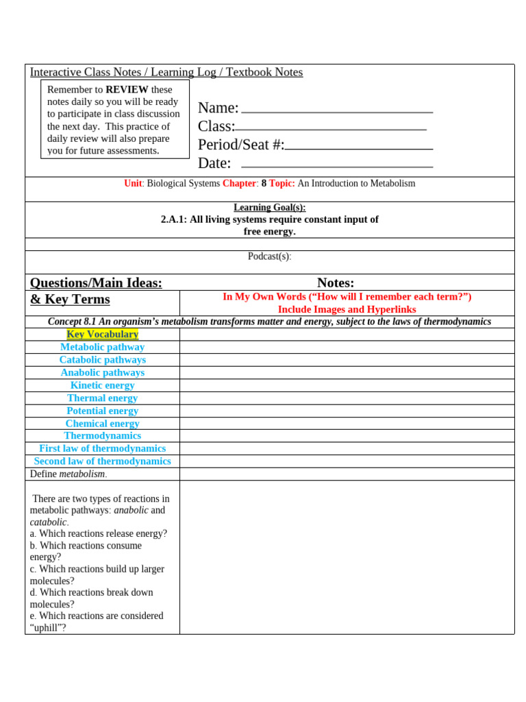 Ap Biology Interactive Cornell Notes 8.1-8.5 Ver 2-1 | PDF | Enzyme ...