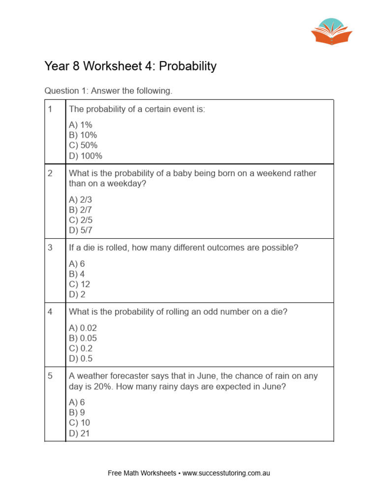 Year 8 Worksheet 4 - Probability | PDF | Odds | Probability