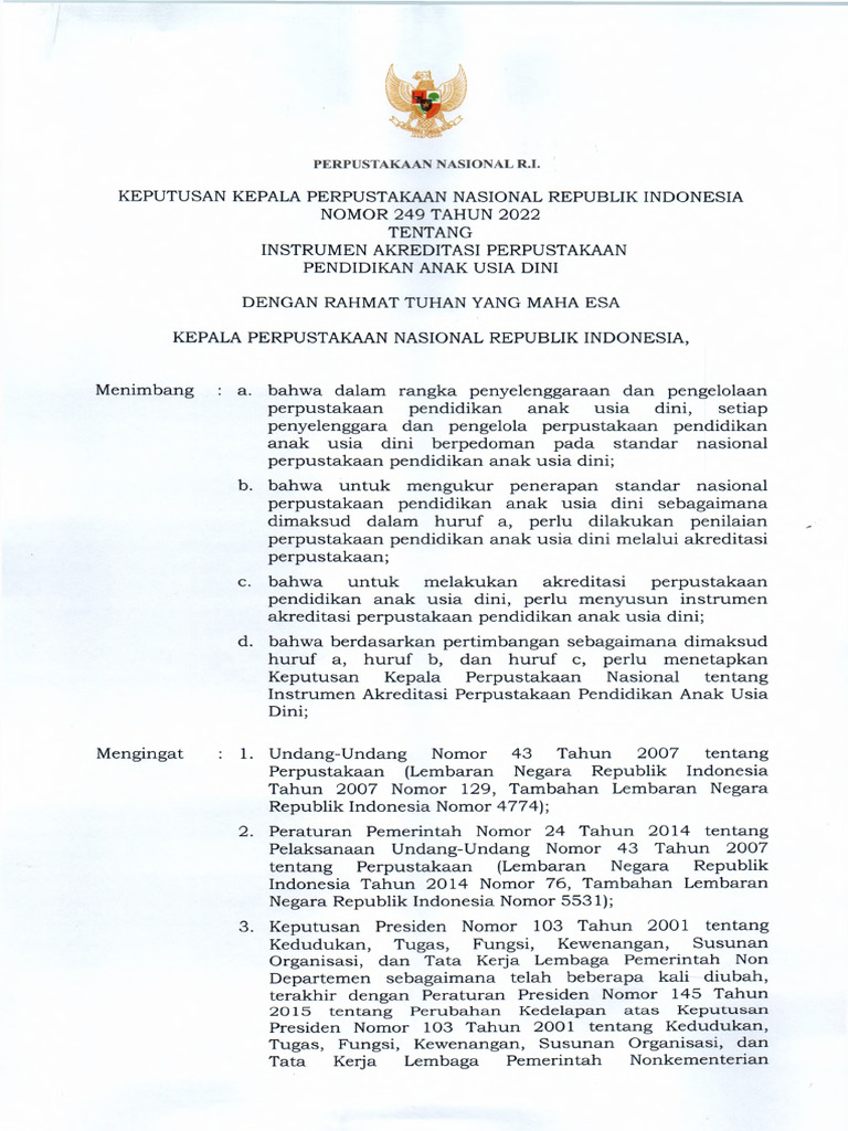 SK 249 - 2022 Instrumen Akreditasi Perpustakaan Pendidikan Anak Usia Dini | PDF