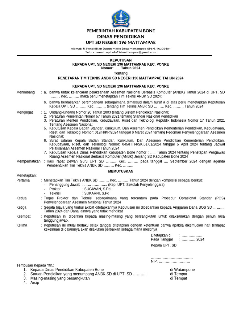 SK Tim Teknis Anbk SD Tahun 2024 | PDF