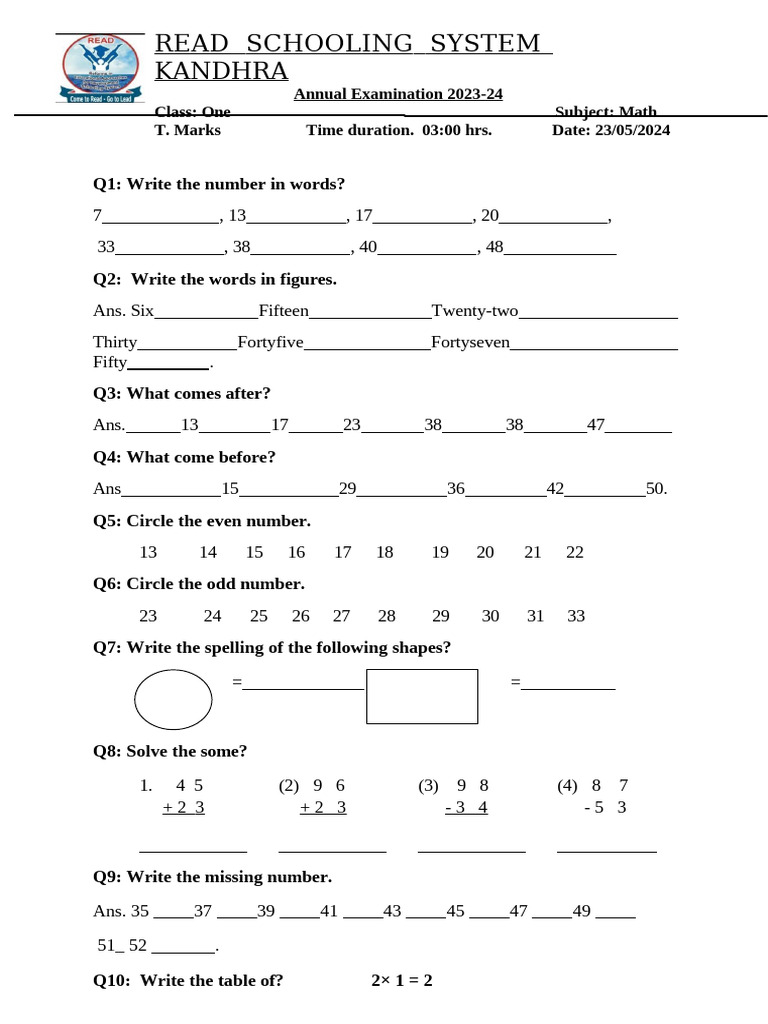 Math Class 1-1 | PDF