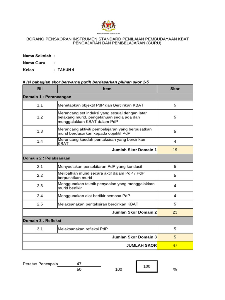 Borang Penskoran Kbat (Guru) 2024 | PDF