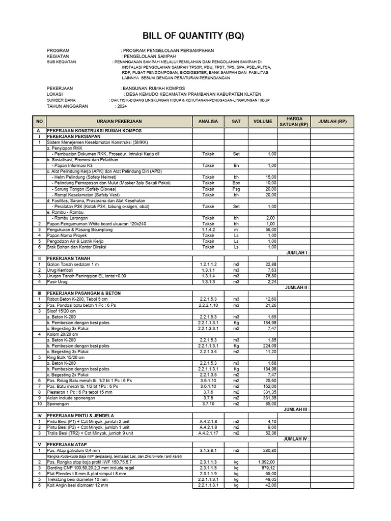 Boq Rumah Kompos Kemudo Fix | PDF