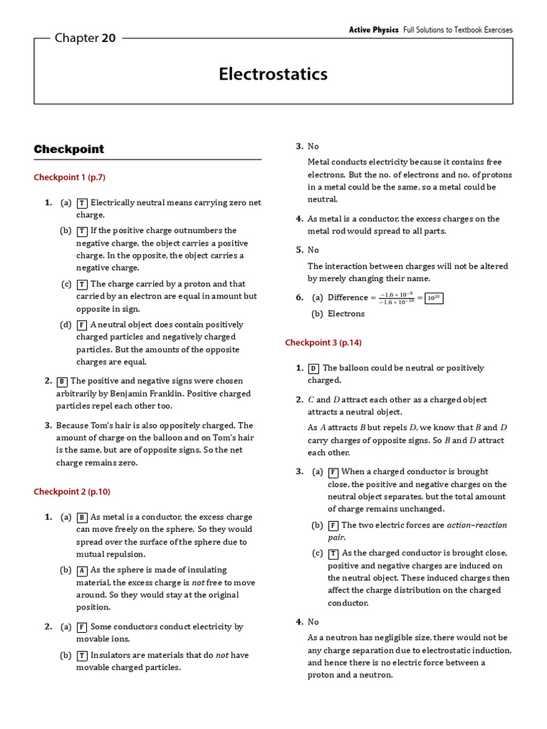 Electrostatics Exercises Solutions | PDF | Electric Charge | Force