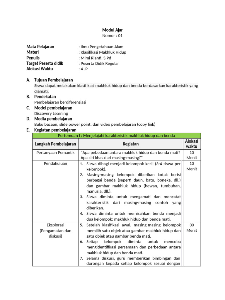 Modul Ajar Ilmu Pengetahuan Alam (IPA) - Klasifikasi Makhluk Hidup - Fase D | PDF