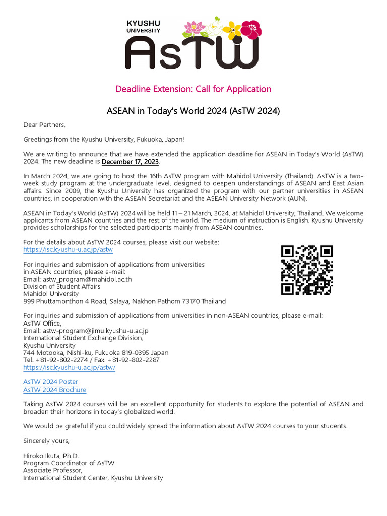 Deadline Extension - Astw2024 Call For Application | PDF