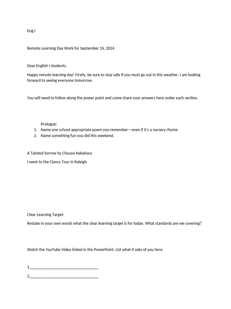Eng I Remote Learning Day Work 9.16.24 | PDF