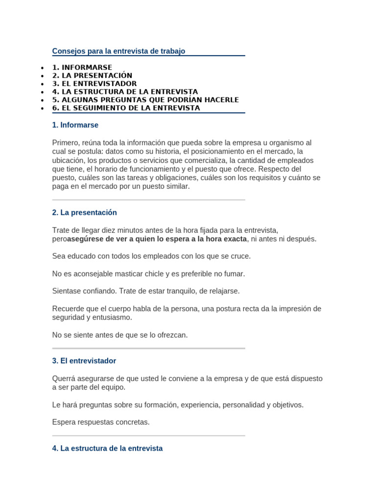 Consejos para La Entrevista de Trabajo | PDF | Entrevista de trabajo