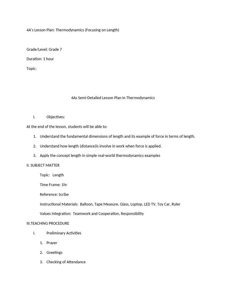 4a's Lesson Plan Thermodynamics | PDF | Force | Measurement