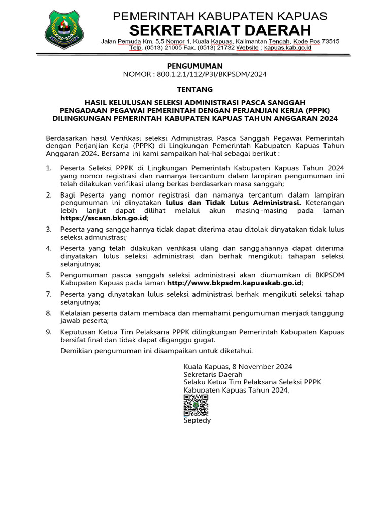 PENGUMUMAN SELEKSI ADMINISTRASI PASCA MASA SANGGAH DI LINGKUNGAN PEMKAB KAPUAS TA 2024 - Signed ...