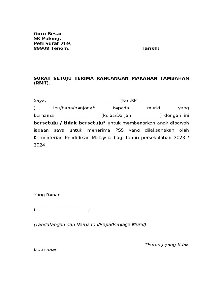 Surat Setuju Terima RMT | PDF