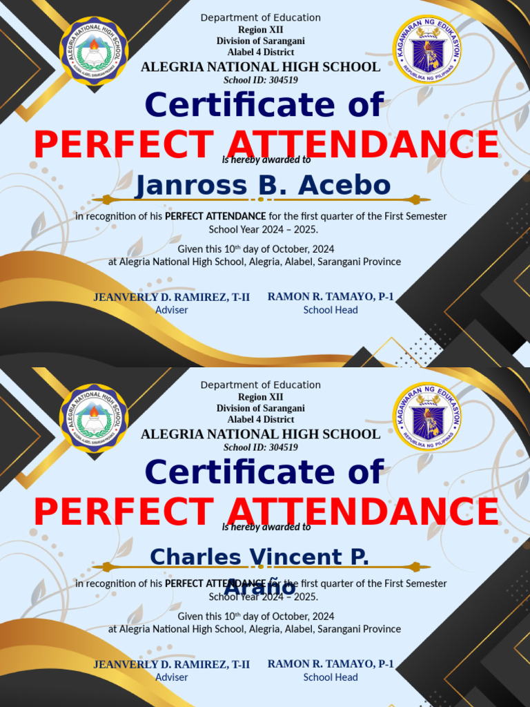 Shs Perfect Attendance Certificate | PDF