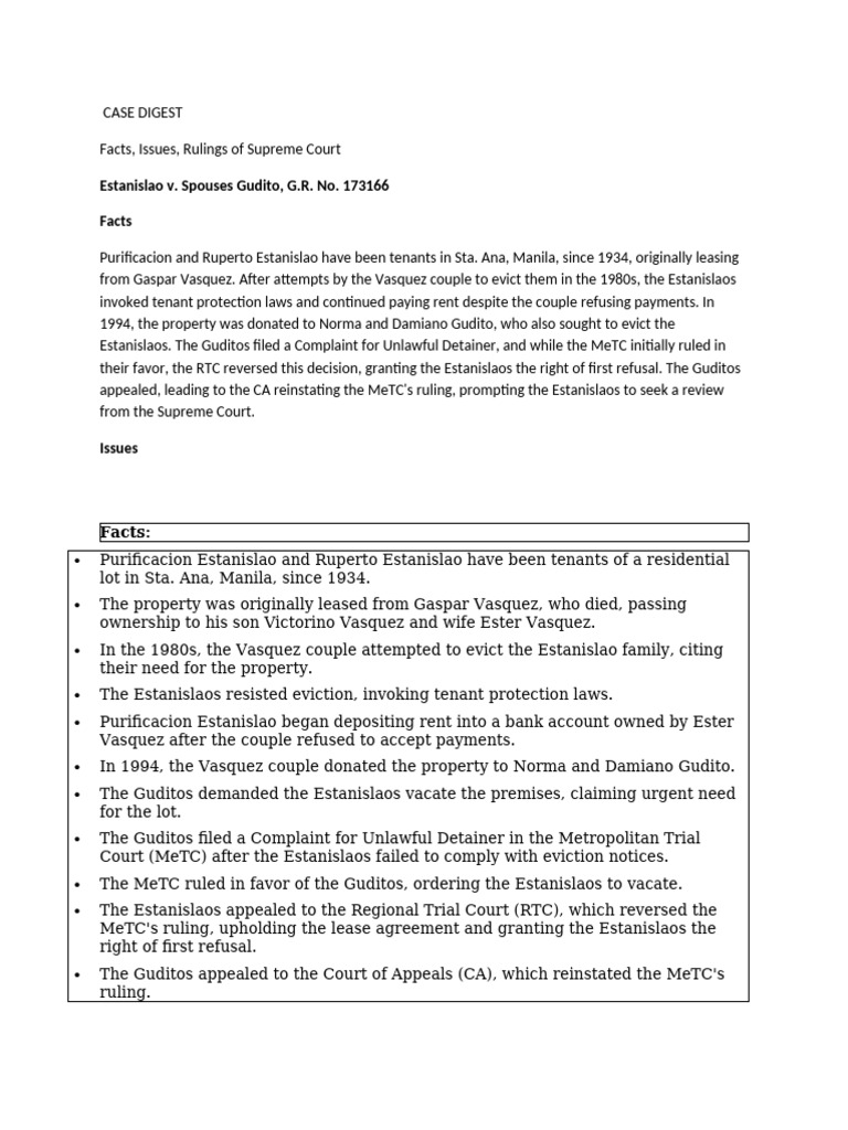 CASE DIGEST | PDF | Complaint | Eviction