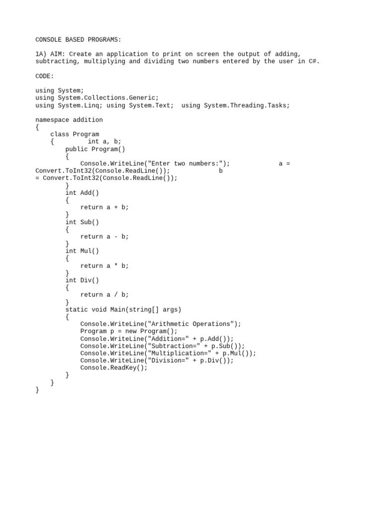 PRACTICAL NO 1 Create An Application To Print On Screen The Output of Adding, Subtracting ...