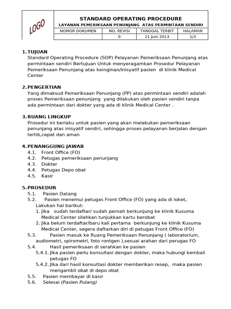 Sop Layanan Pemeriksaan Penunjang (PP) Atas Permintaan Sendiri (Aps) | PDF