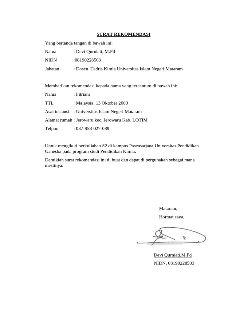Surat rekomendASI - Docx 2 | PDF