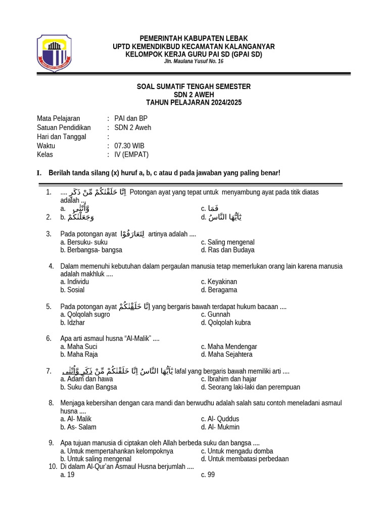 Soal STS 1 PAI BP Kelas 4 | PDF