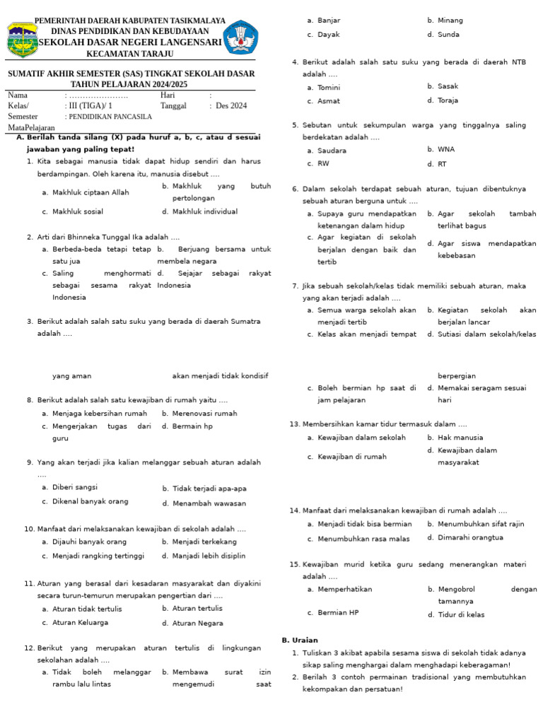 Soal Sas Kelas 3 Pendidikan Pancasila | PDF