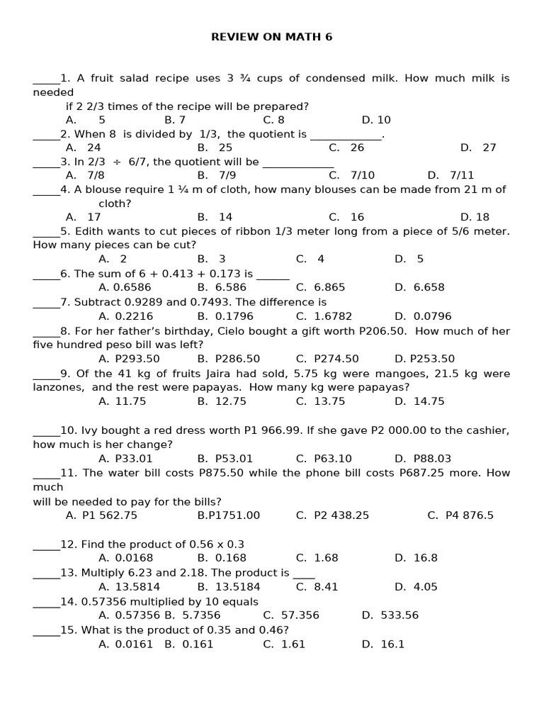 REVIEW ON MATH 6 | PDF