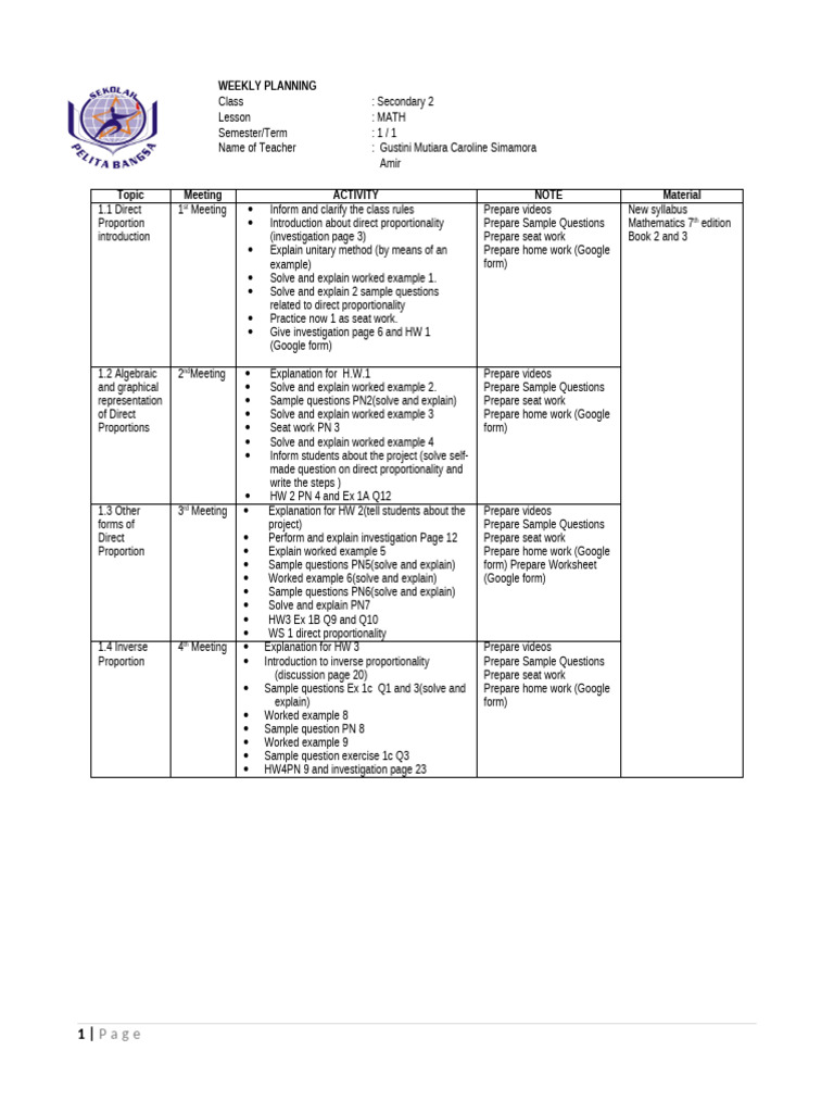 WEEKLY PLANNING Sec2 Math | PDF | Classical Geometry | Geometry