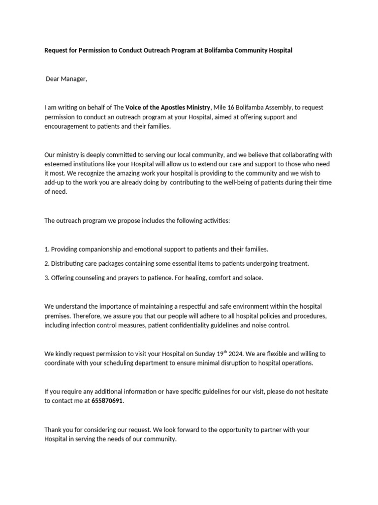 Request For Permission To Conduct Outreach Program at Bolifamba ...