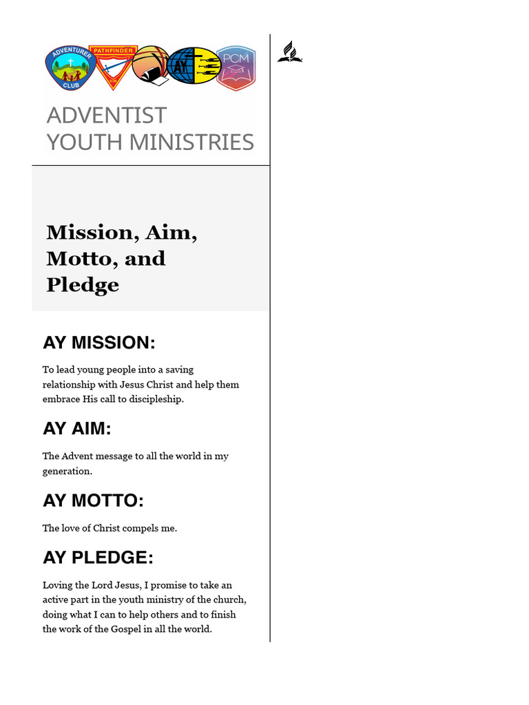 Mission, Aim, Motto, and Pledge - Adventist Youth Ministries | PDF ...