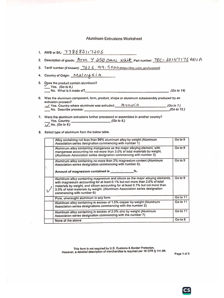 Aluminium Extrusion Worksheet | PDF