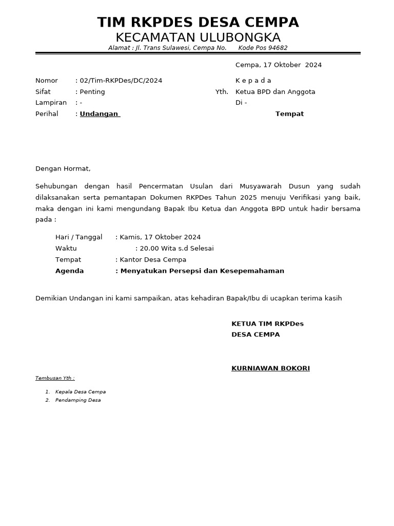 Undangan Pertemuan RKPDes Desa Cempa | PDF