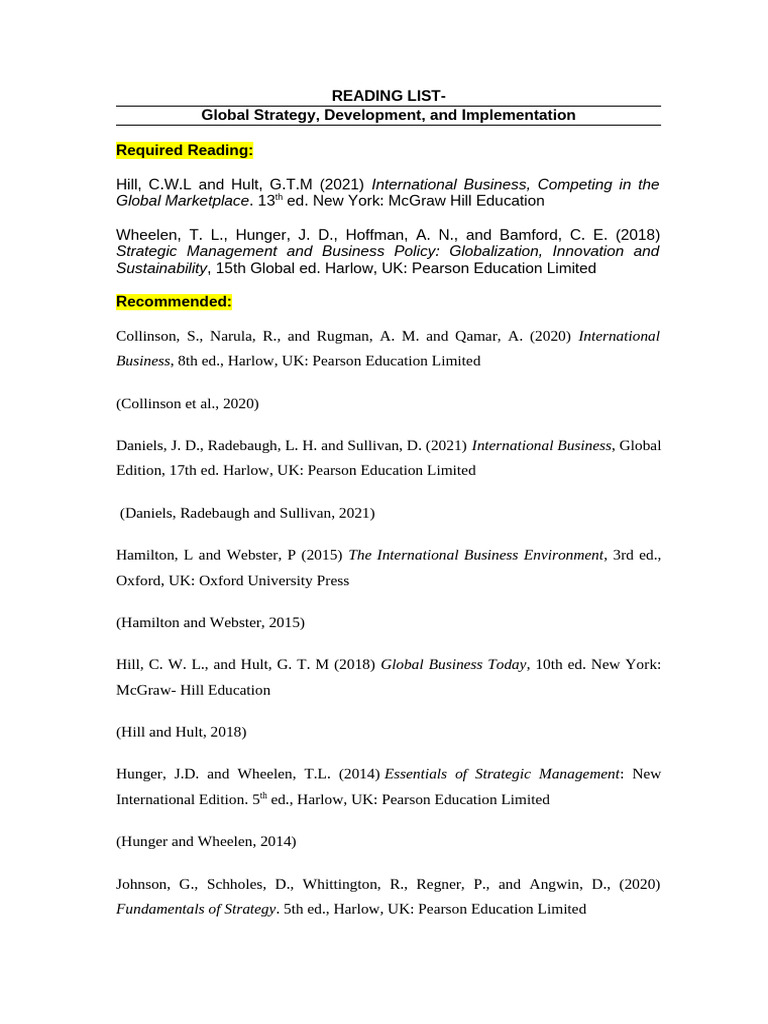 Global Strategy Reading List | PDF | Strategic Management