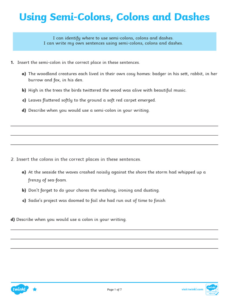 T2 E 1828 Y6 Semi Colons Colons and Dashes Activity Sheet Ver 1 ...