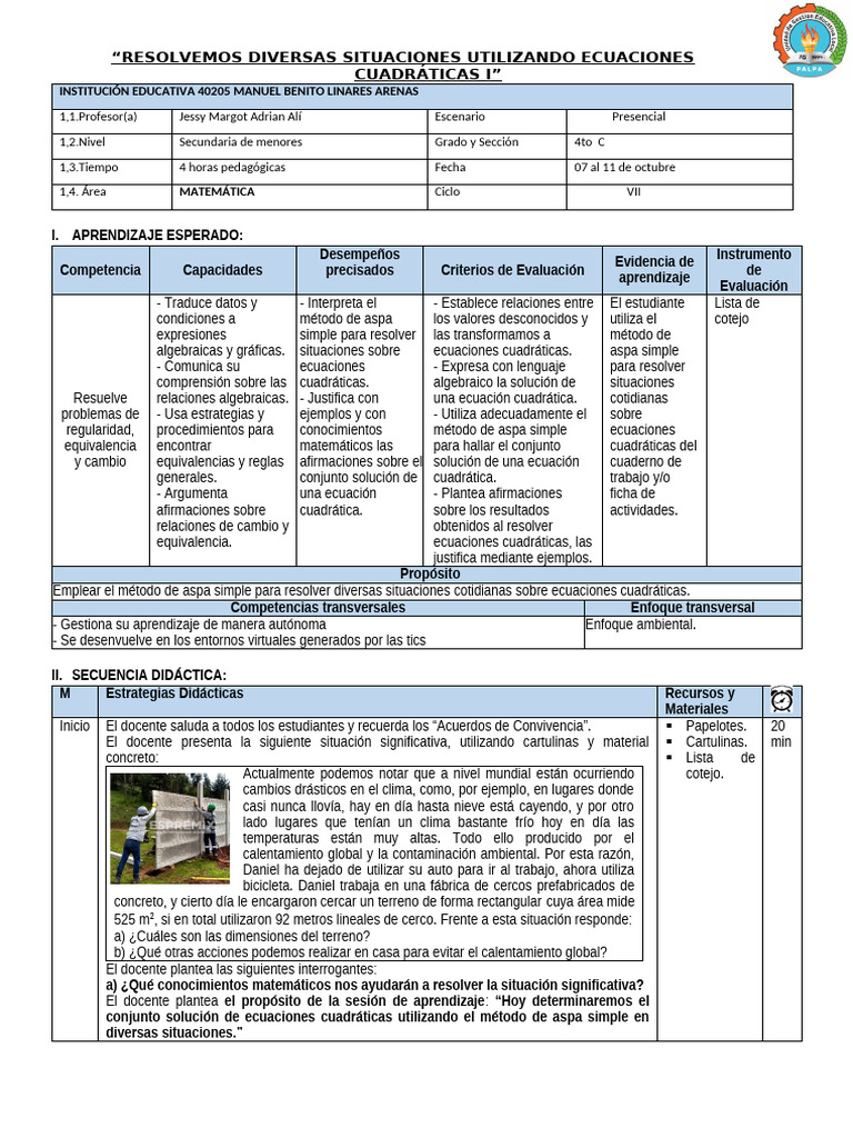 3°-SESION Ecuación Cuadrática | PDF | Ecuaciones | Aprendizaje