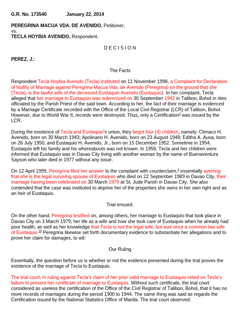 Peregrina-vs.-Avenido Important Points | PDF | Marriage | Trials