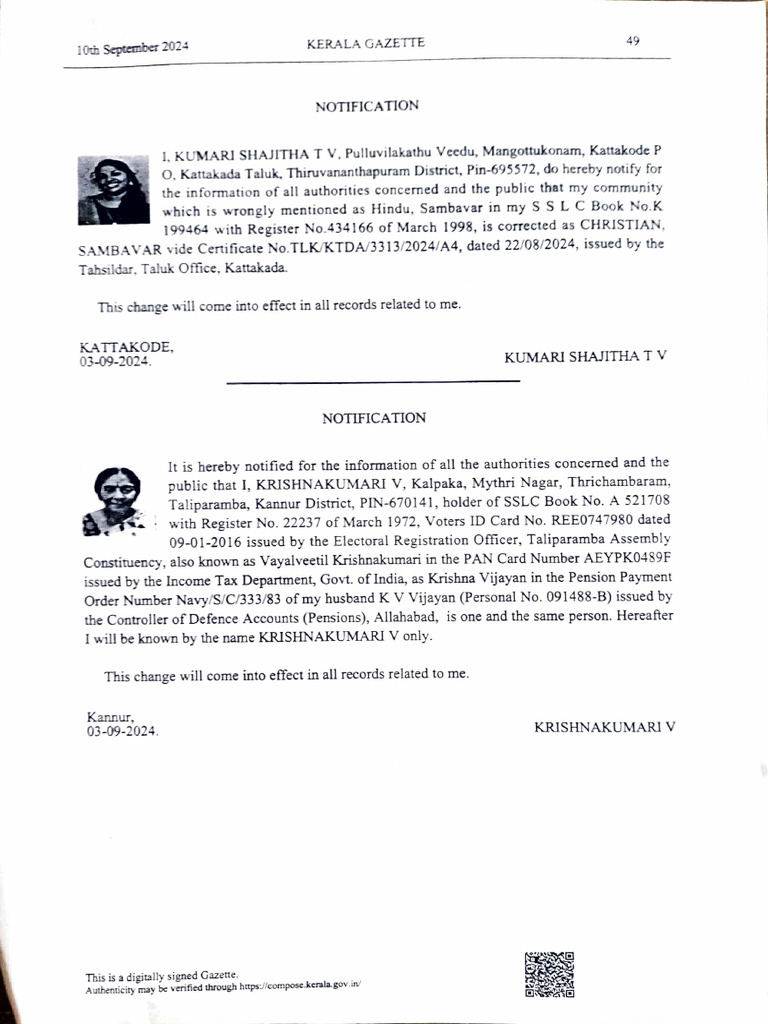Kerala Gazette Name Change | PDF