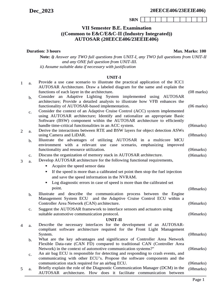 AUTOSAR Exam for E&C Students | PDF | Computing | Computer Engineering