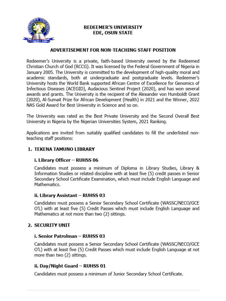 ADVERTISEMENT FOR NON-TEACHING STAFF POSITIONS - Tekena Tamuno Library ...
