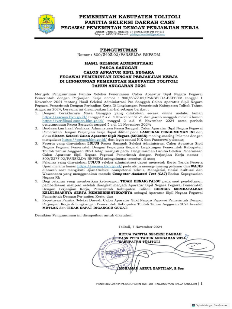 Pengumuman Pasca Sanggah Seleksi Adm PPPK 2024 | PDF Pengumuman Pasca Sanggah Seleksi Adm PPPK 2024 | PDF