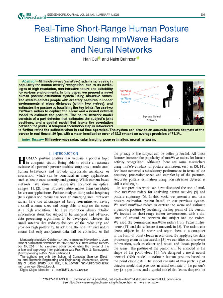 Real Time Short Range Human Posture Estimation Using Mmwave Radars And
