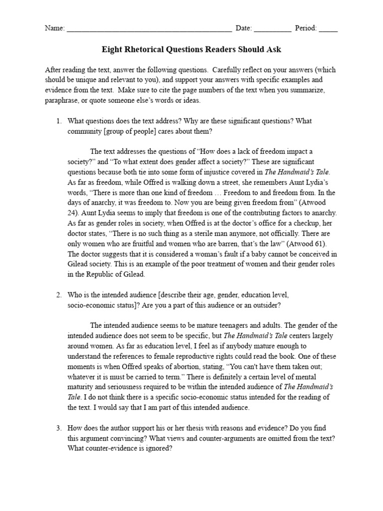 8 Rhetorical Questions For Socratic Seminar | PDF | General Fiction