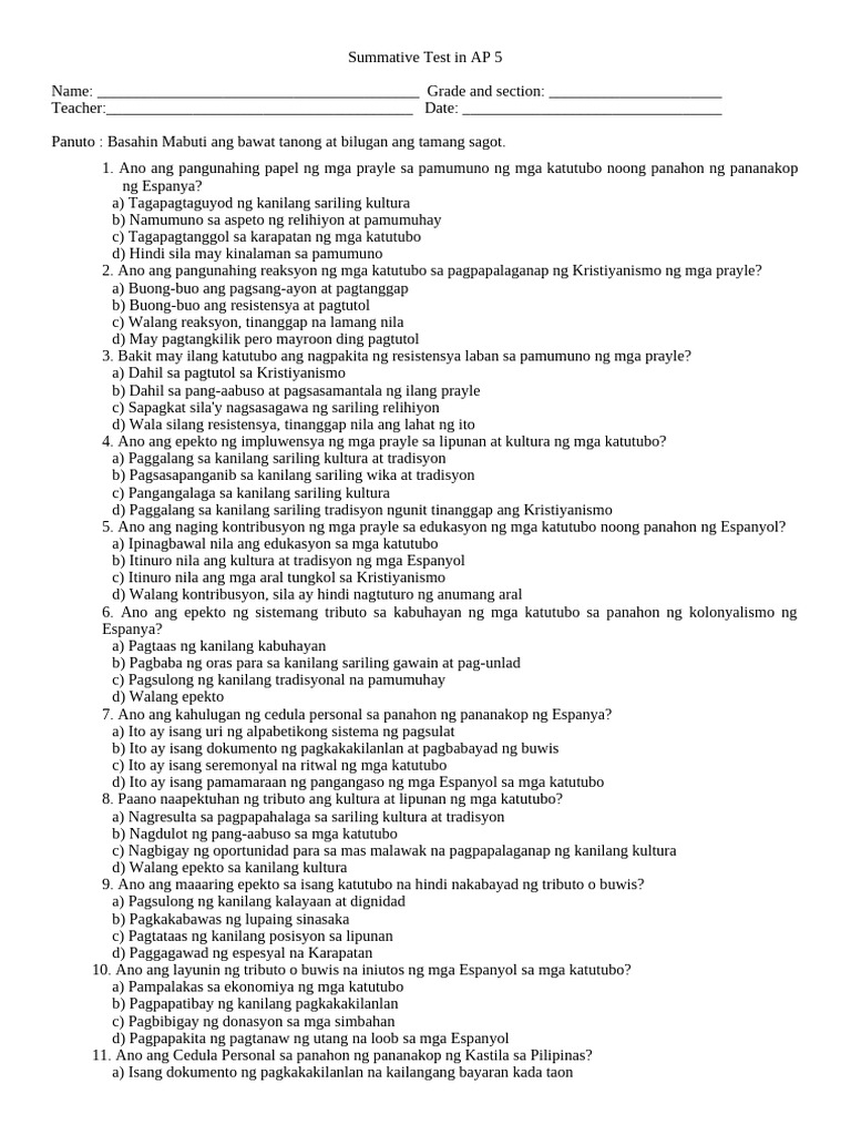 Summative Test in AP 5 | PDF