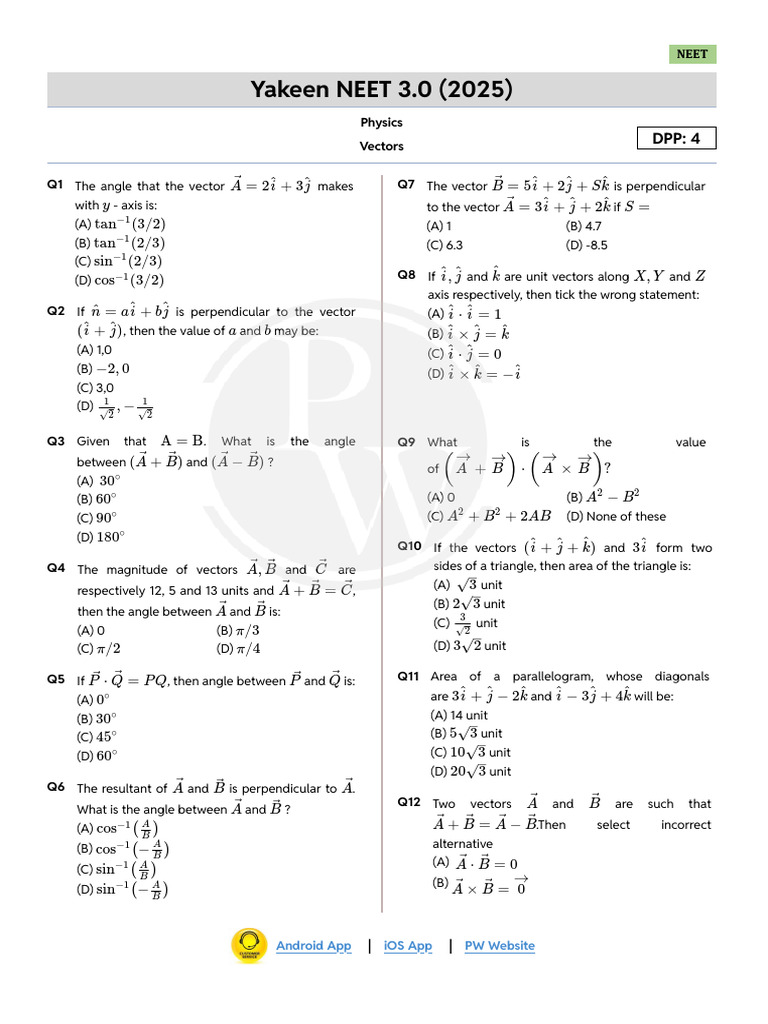 Vectors - DPP 04 (Extra) - Yakeen NEET 3.0 2025 | PDF | Elementary ...