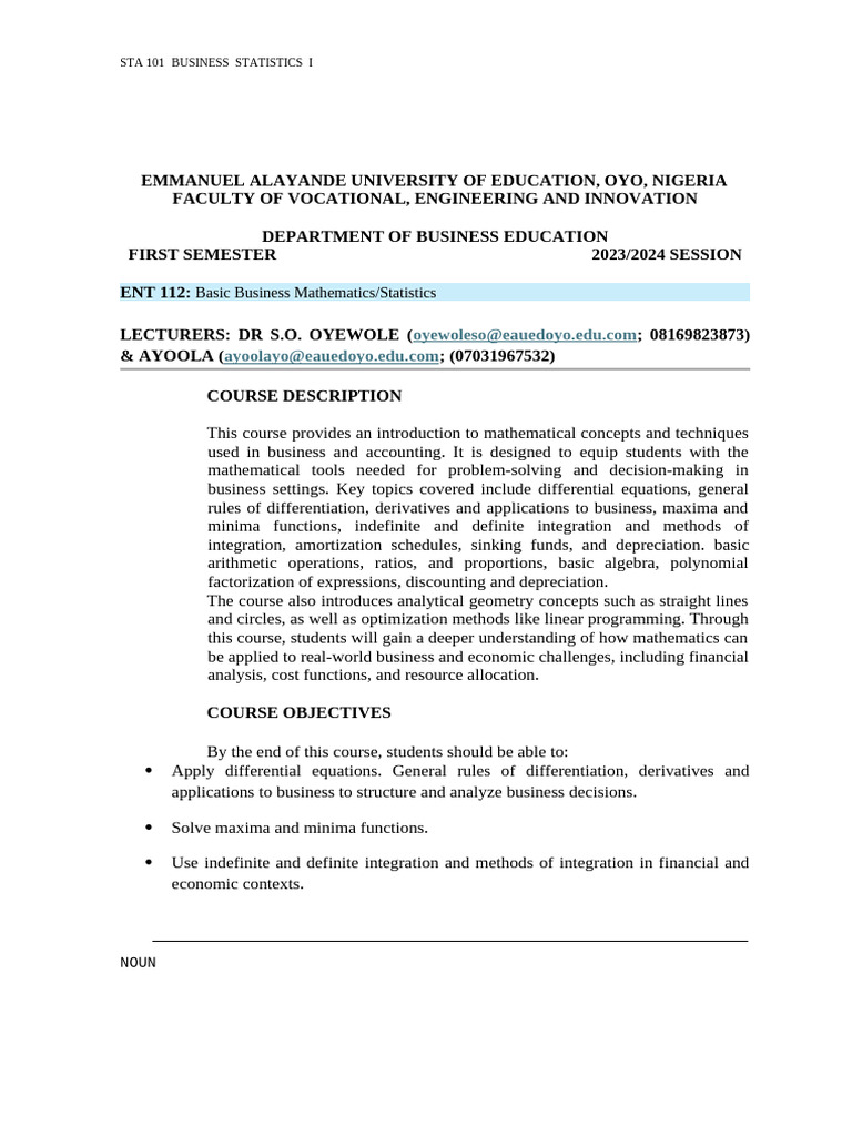 Ent 112 Basic Business Mathematics - Statistics | PDF | Equations ...