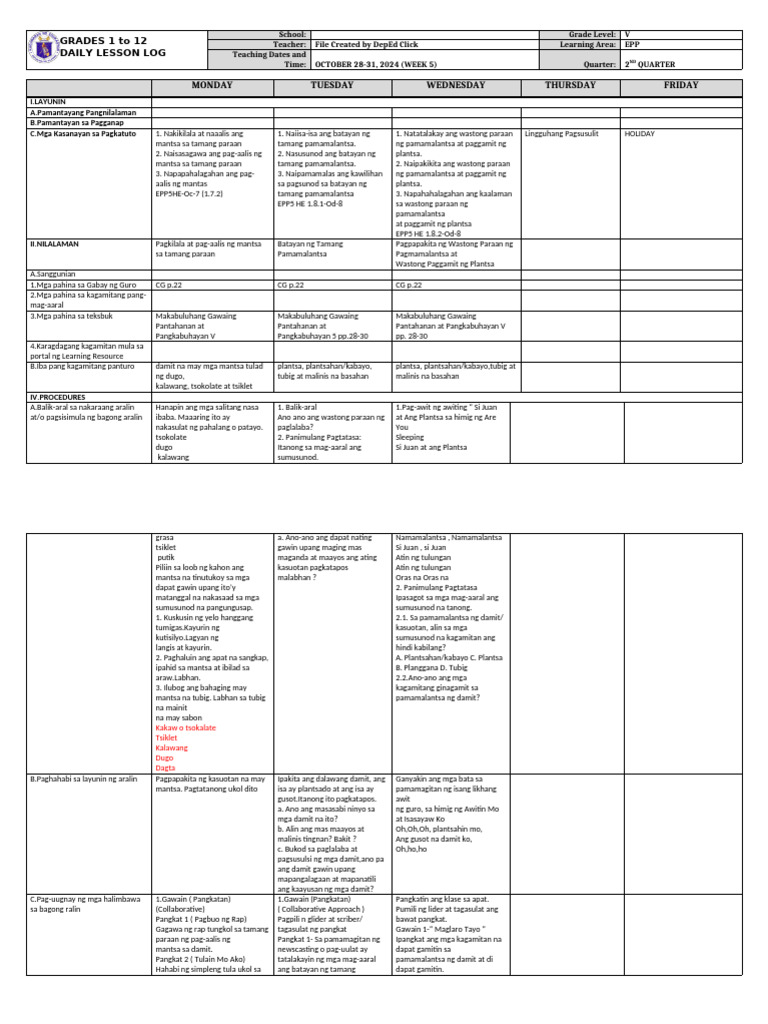 DLL - Epp 5 - Q2 - W5 | PDF