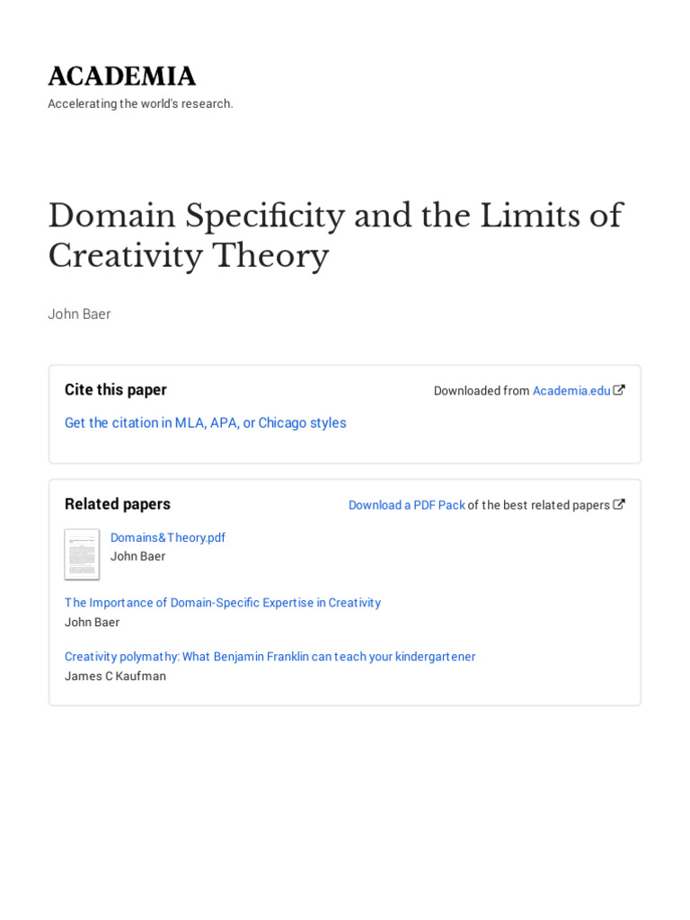 Baer 2012 - Domain Specificity and The Limits of Creativity Theory | PDF | Creativity | Theory