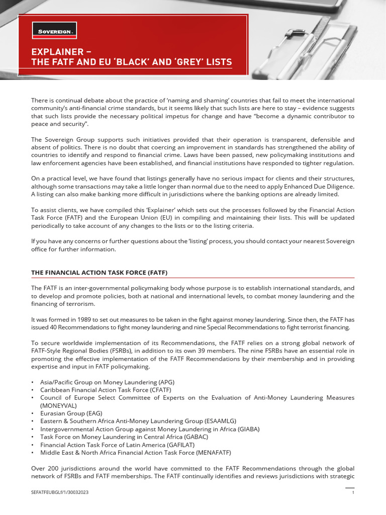 Sovereign EXPLAINER – the FATF and EU Black and Grey Lists March 2023 | PDF | Financial Regulation
