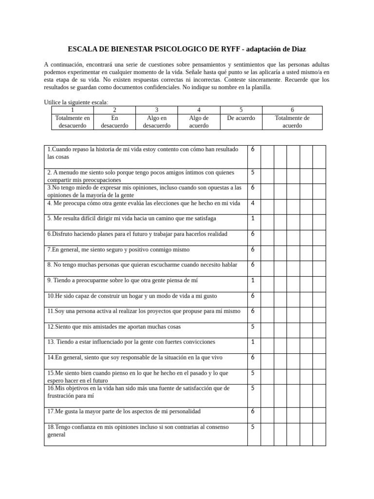 Escala de Bienestar Psicologico de Ryff Adapt Diaz | PDF | Sicología