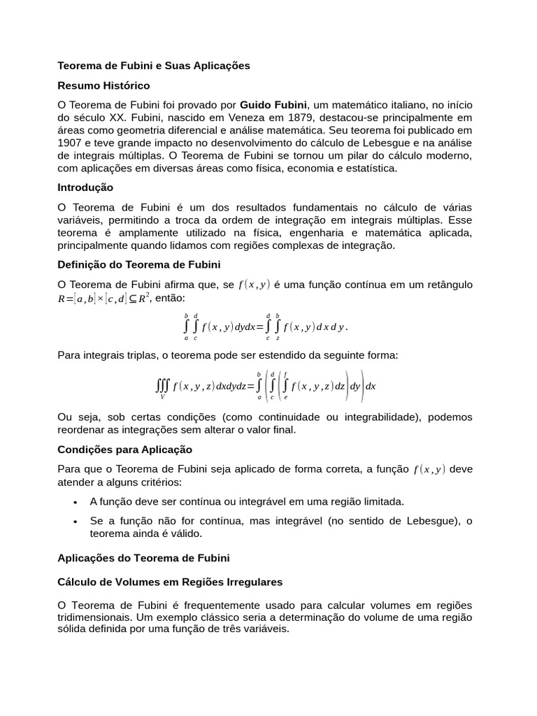 Teorema de Fubini - Prof Quinho | PDF | Cálculo | Matemática