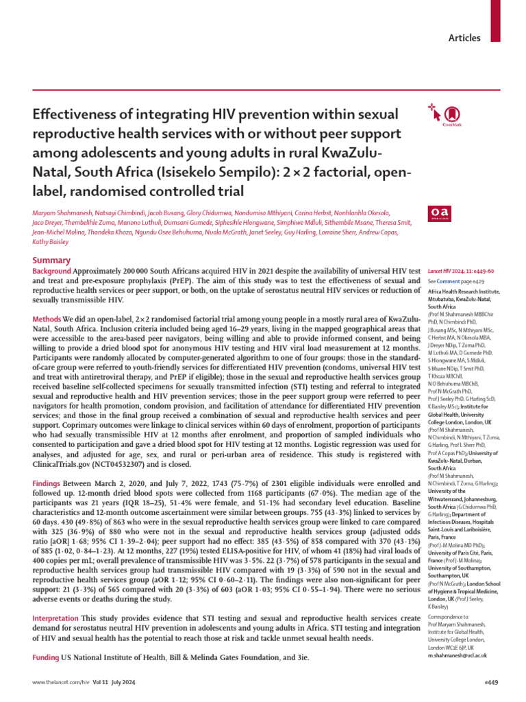 Effectiveness of Integrating HIV Prevention Within Sexual Reproduct ...