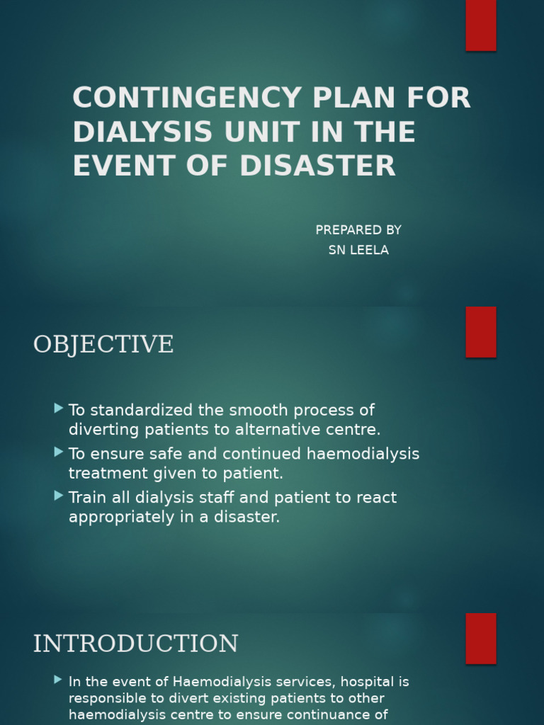 Dialysis Unit Disaster Contingency Plan | PDF | Hemodialysis | Patient