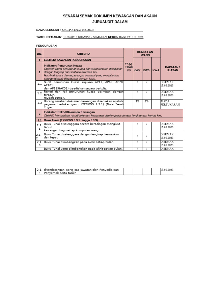 Senarai Semak Kewangan SJKC Poi Eng 2023 | PDF